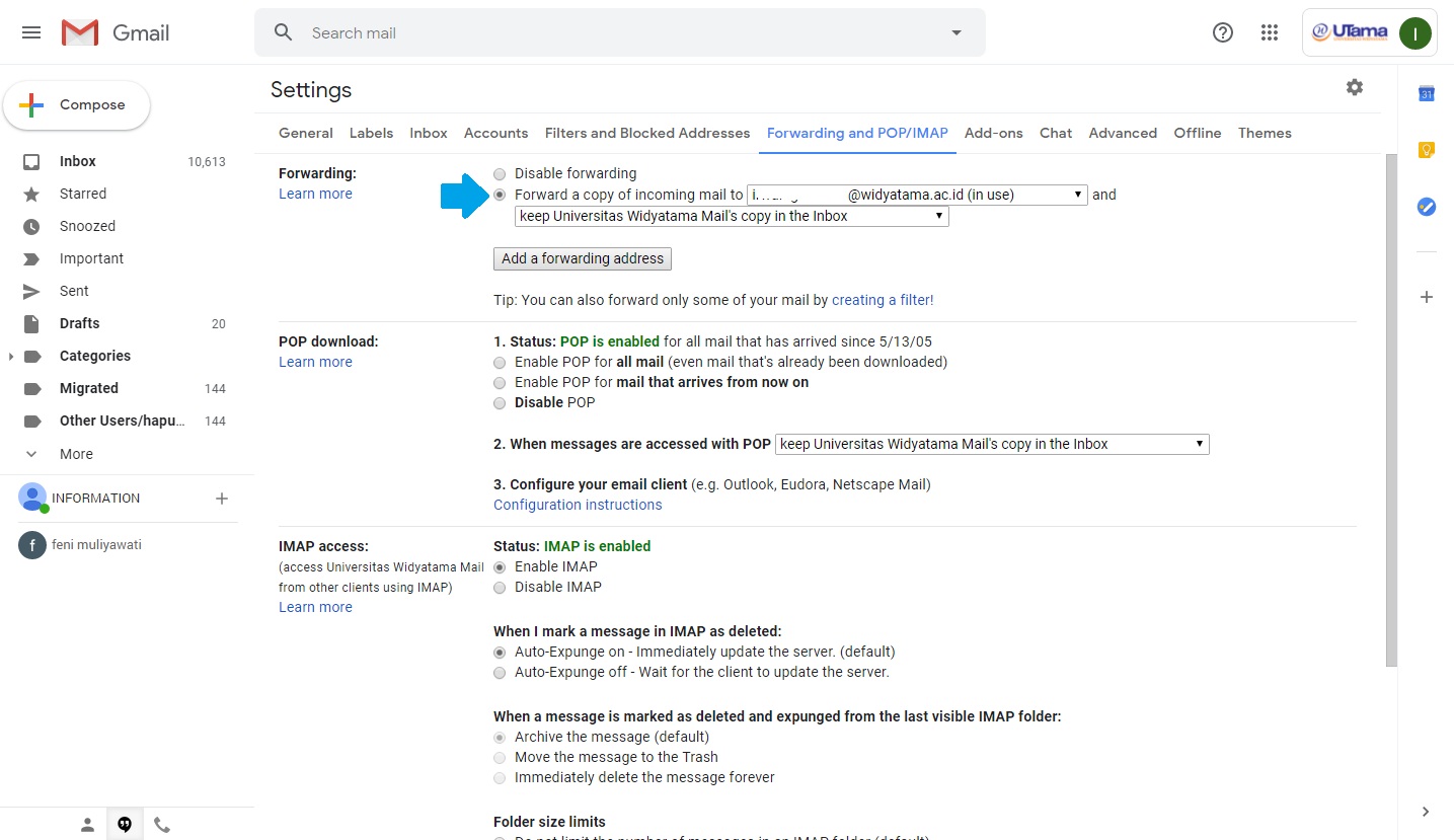 Cara Auto Forward Email Widyatama - Biro Teknologi Informasi